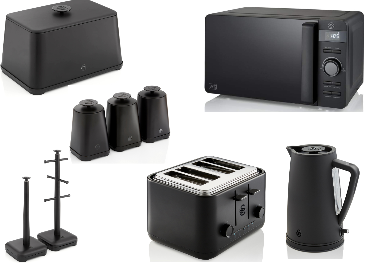 Swan Stealth Black Kettle Toaster Microwave & Kitchen Storage Set of 9