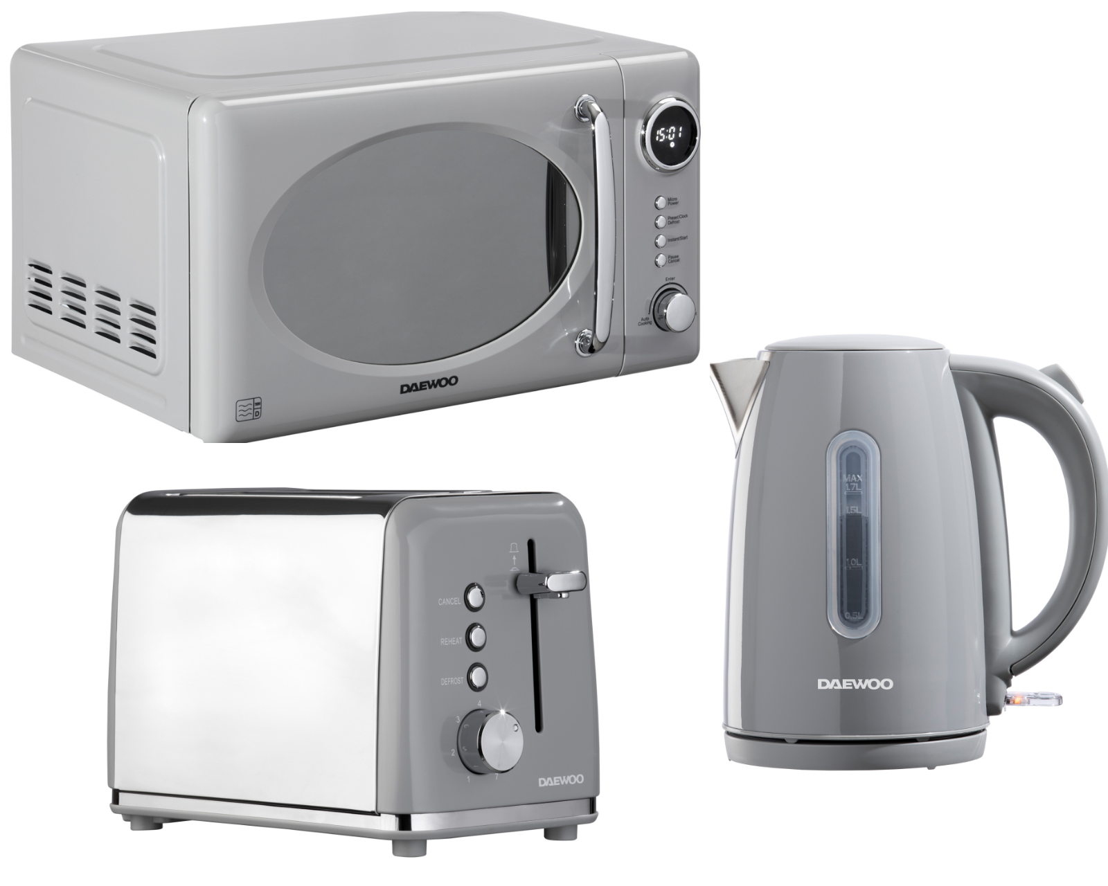 Daewoo Kensington Jug Kettle, 2-Slice Toaster & Microwave Set in Grey