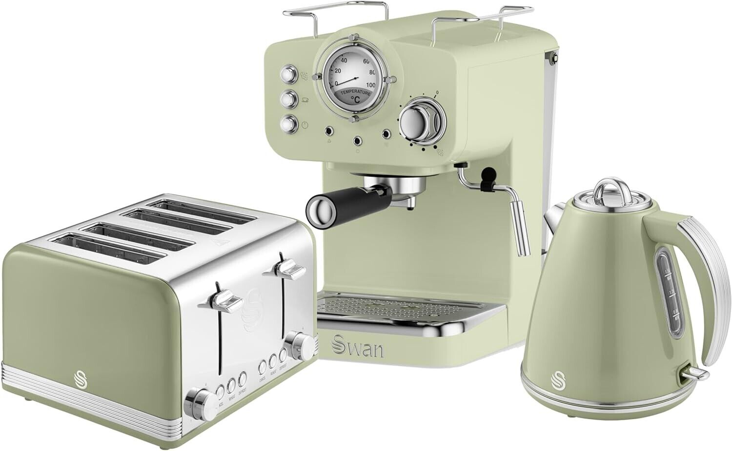 Swan Retro Green Kettle 4 Slice Toaster & Coffee Machine Matching Set