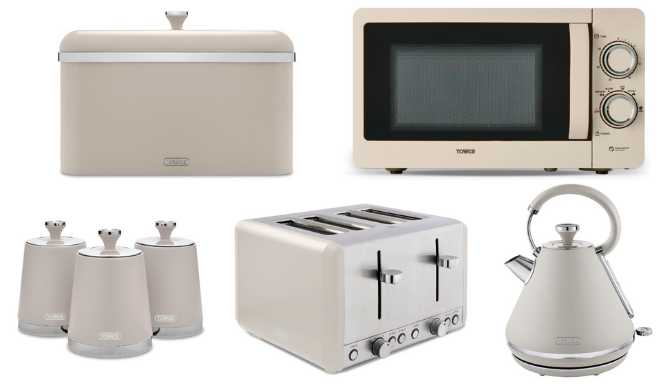 Tower Cavaletto Latte Kettle Toaster Microwave Bread Bin Canisters Set