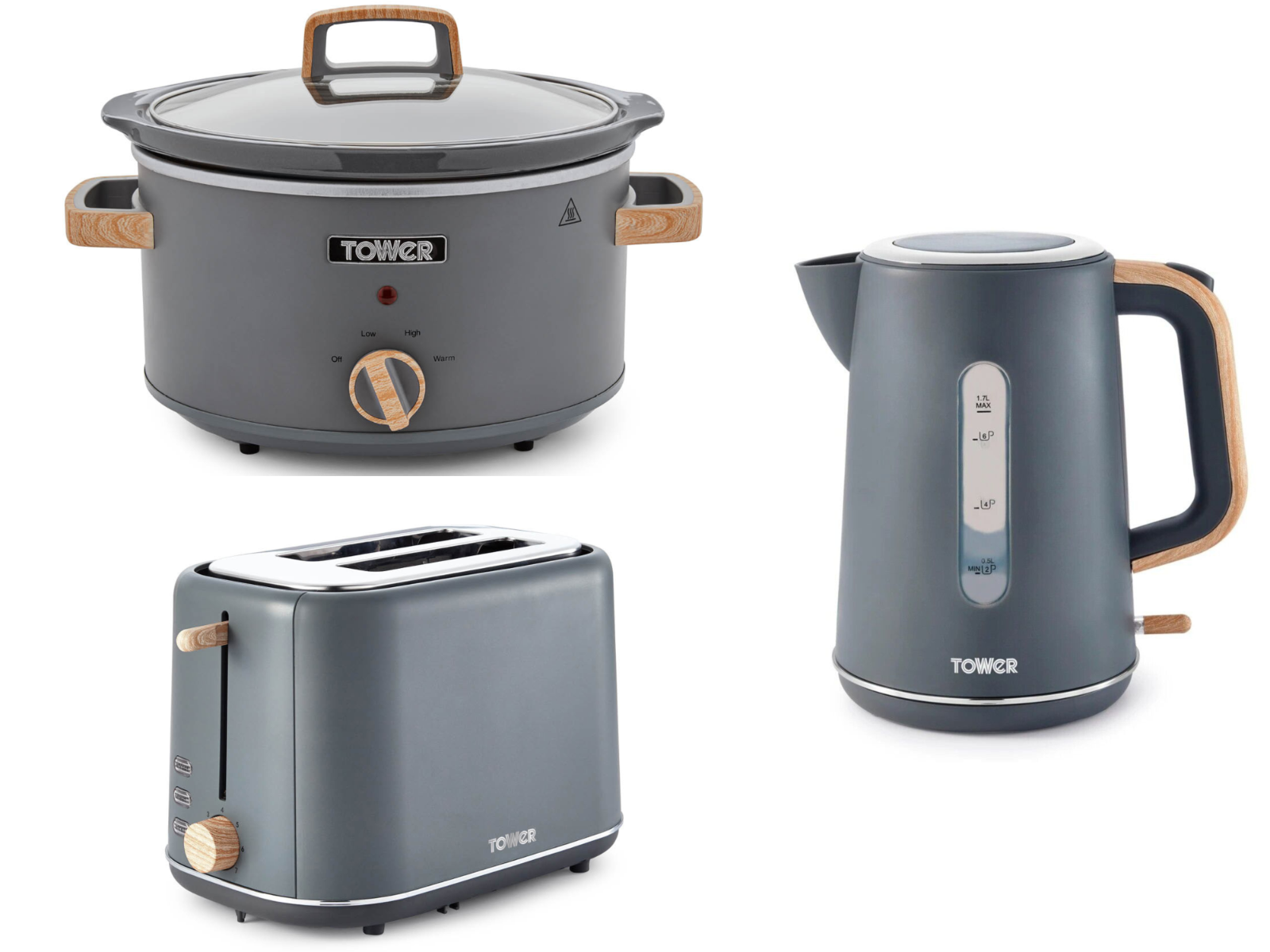 Tower Scandi Kettle Toaster & 3.5L Slow Cooker Grey/Wooden Accents