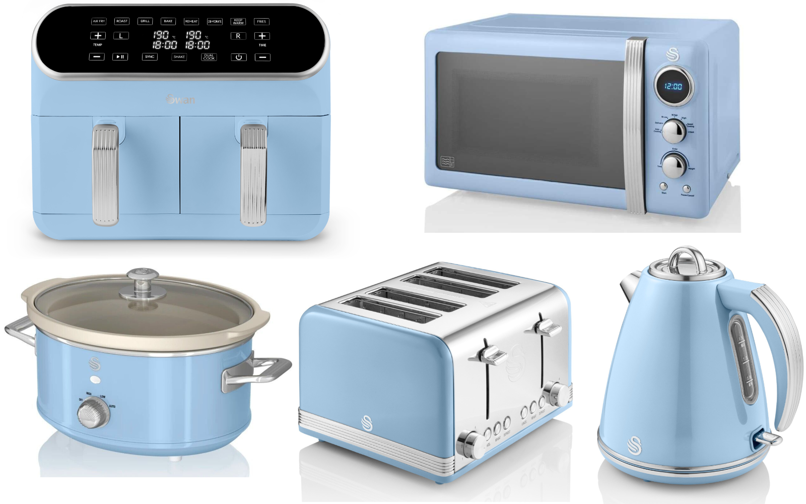SWAN Retro Blue Kettle Toaster Microwave Air Fryer & Slow Cooker Set
