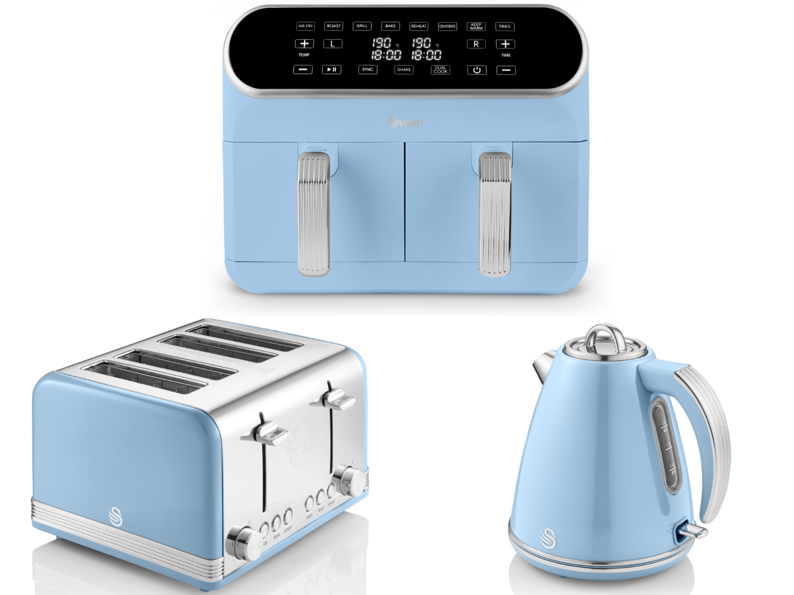 Swan Retro Blue Jug Kettle 4 Slice Toaster & 8L Dual Basket Air Fryer