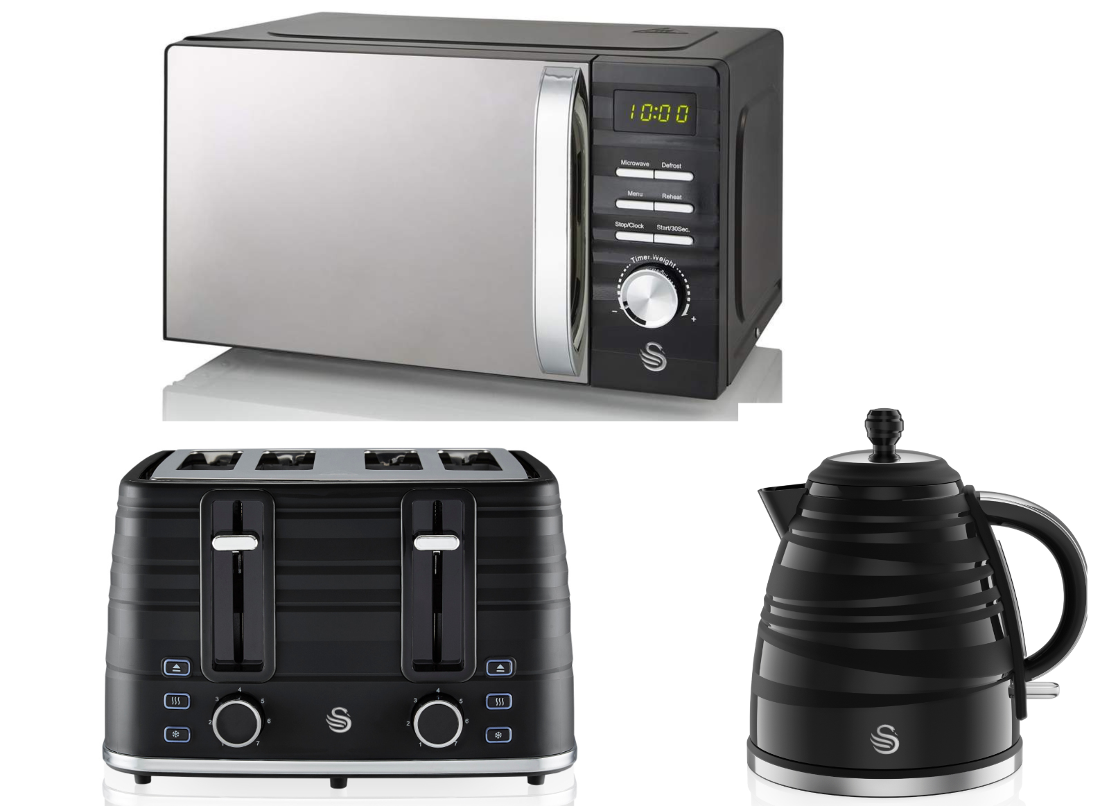 Swan Symphony Black Kettle 4 Slice Toaster & Microwave Matching Set
