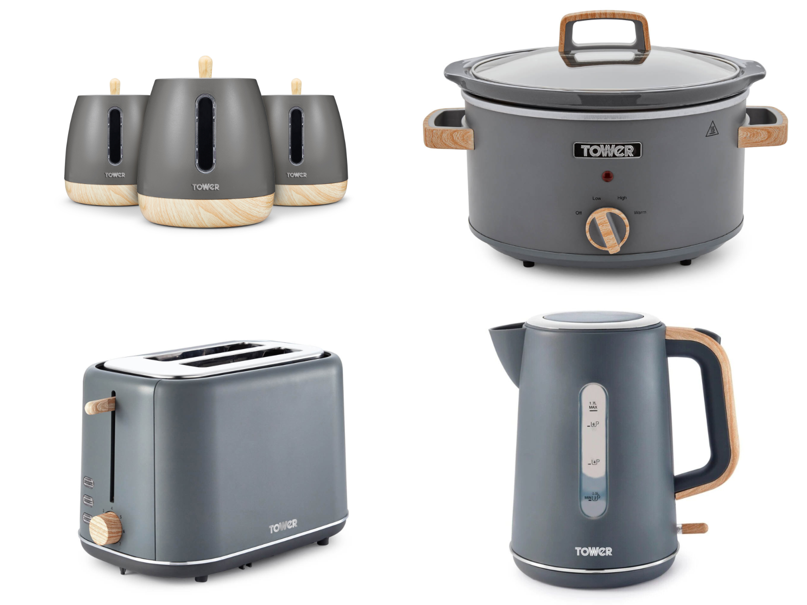 Tower Scandi Grey Kettle Toaster 3.5L Slow Cooker & Canisters Set