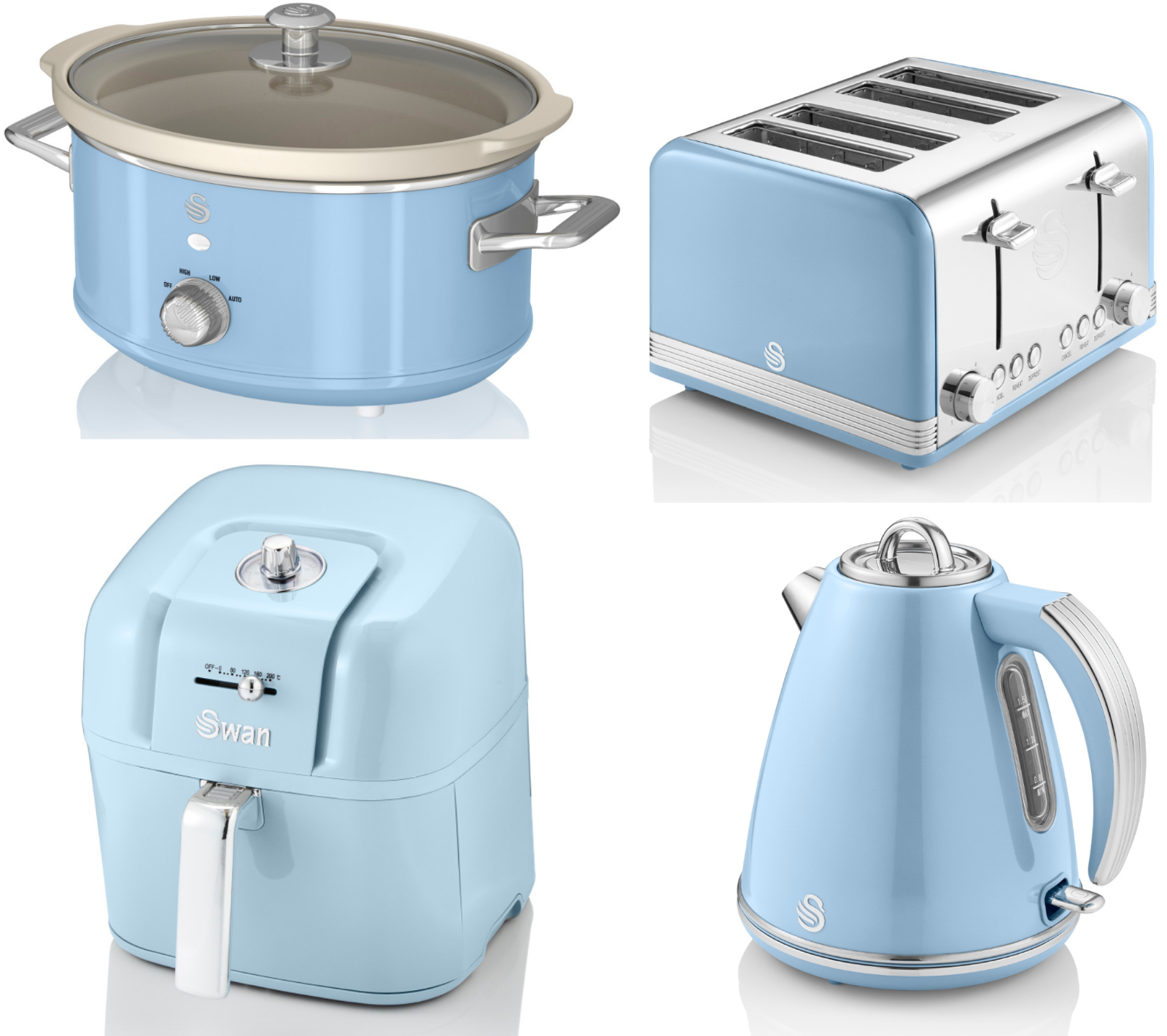 Swan Retro Blue Kettle, 4 Slice Toaster 6L Air Fryer & Slow Cooker Set