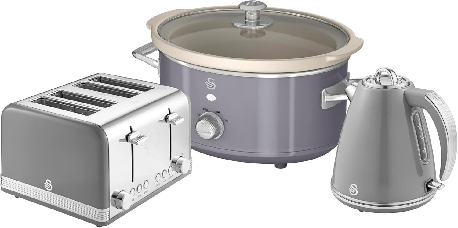 SWAN Retro Grey Jug Kettle 4 Slice Toaster & 3.5L Slow Cooker Set