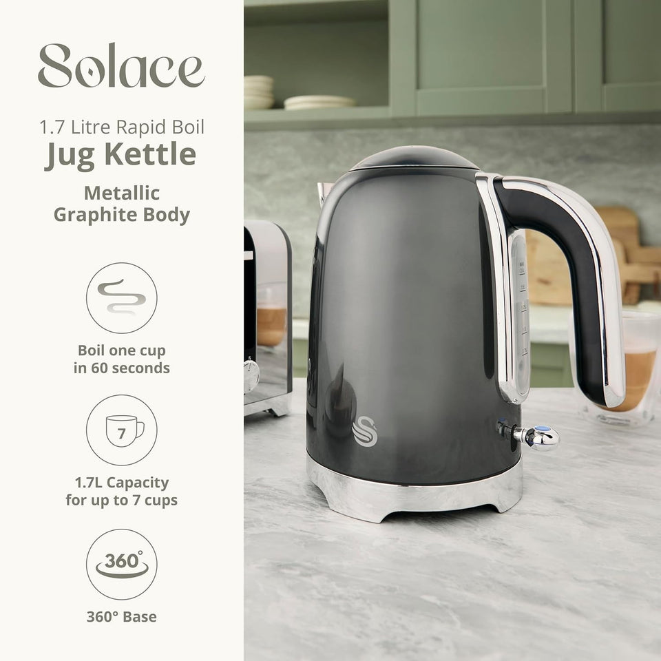 Swan Solace Graphite Kettle & 2 Slice Toaster Gloss Finish Chrome Trim