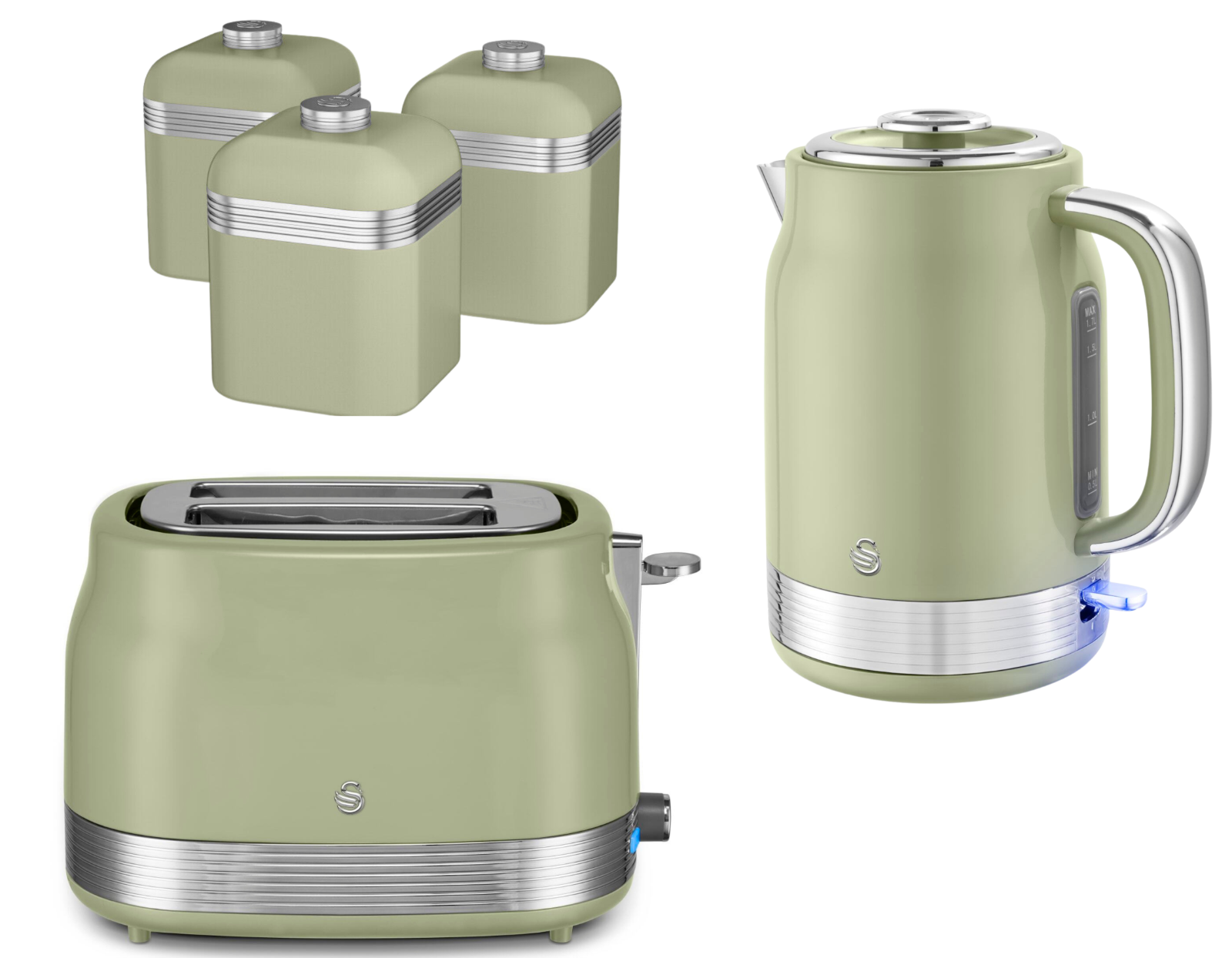 Swan Retro Revive Green Kettle Toaster Canisters Kitchen Bundle Set