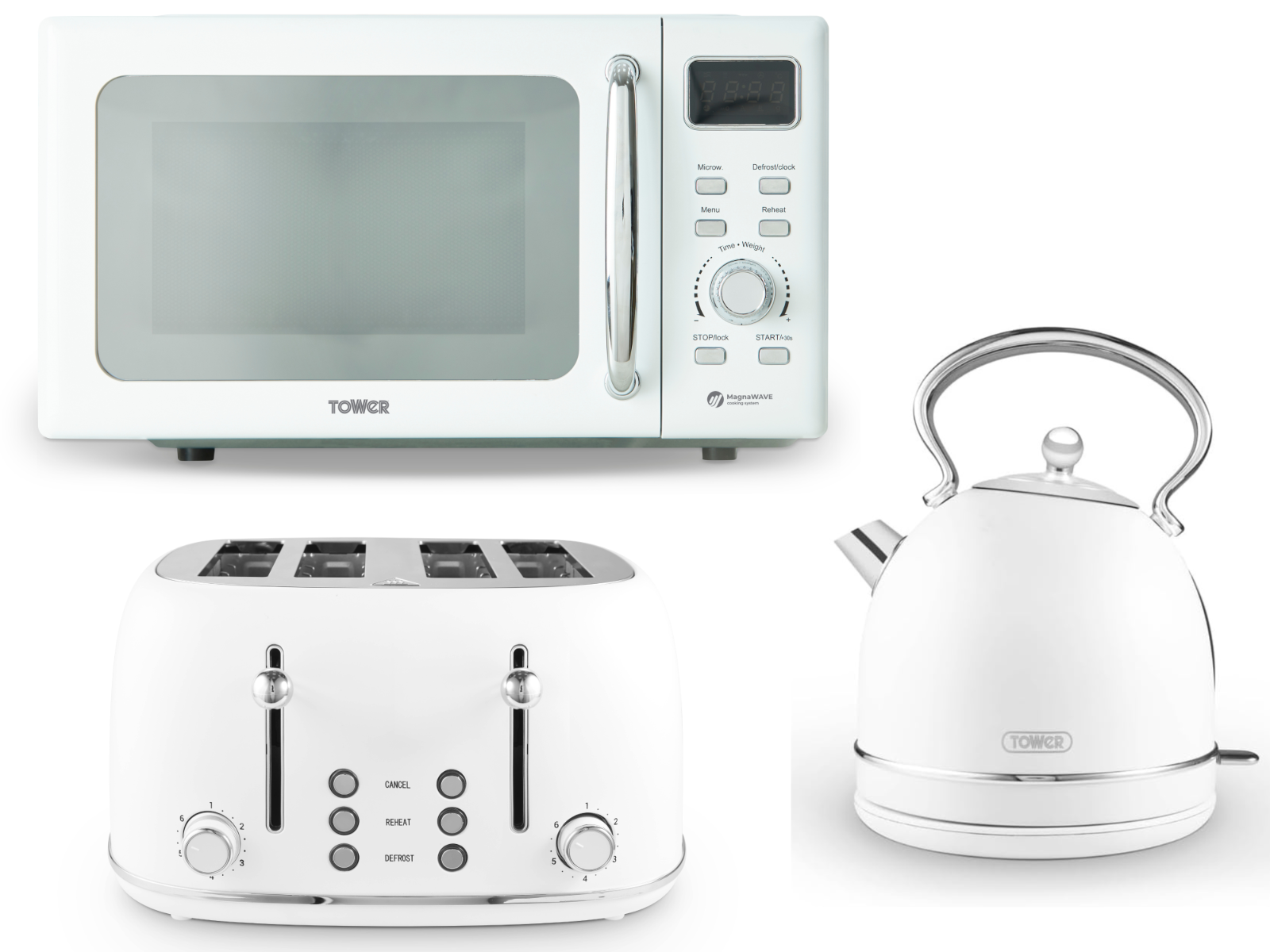 Tower Heritage White Dome Kettle 4 Slice Toaster & Digital Microwave