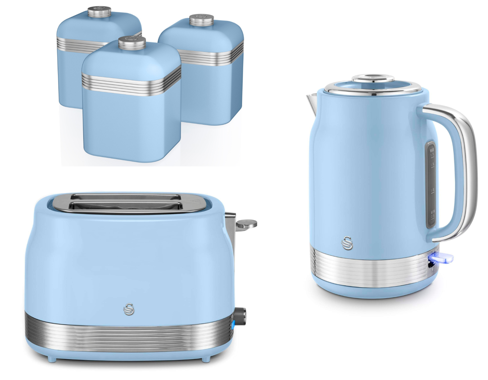 Swan Retro Revive Blue Jug Kettle 2 Slice Toaster & Retro Canisters