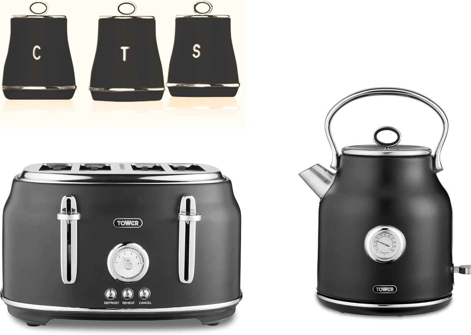 Tower Renaissance Black Kettle 4 Slice Toaster & Canisters Kitchen Set