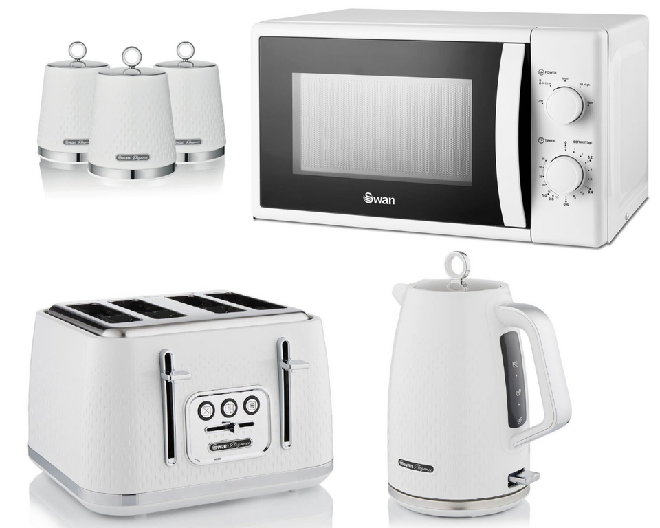 Swan Elegance White Kettle Toaster Microwave & Canisters Kitchen Set