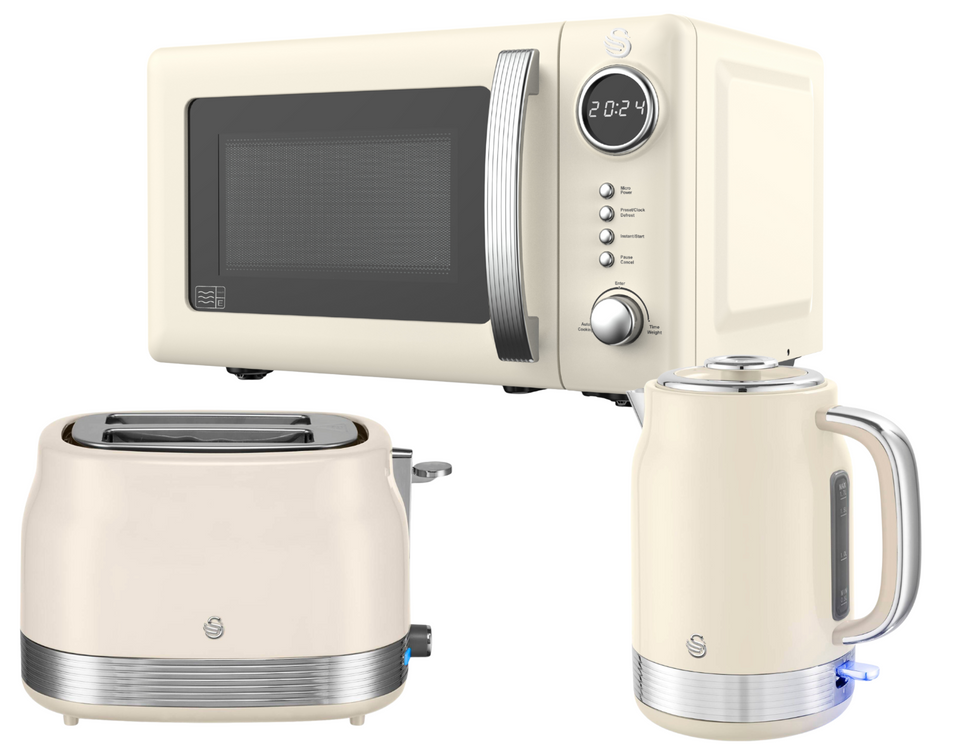 Swan Retro Revive Cream Kettle Toaster Microwave Kitchen Bundle Set