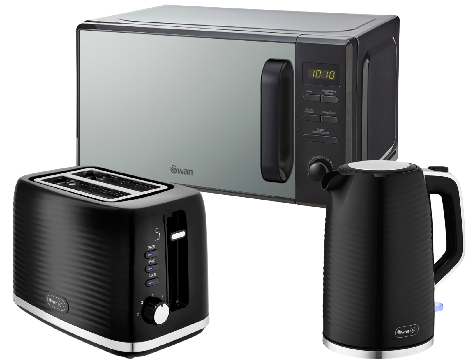 Swan Wave Black Kettle 2 Slice Toaster & Microwave Kitchen Set