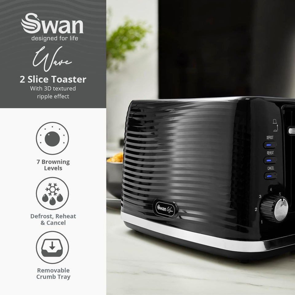 Swan Wave Black Kettle 2 Slice Toaster & Microwave Kitchen Set