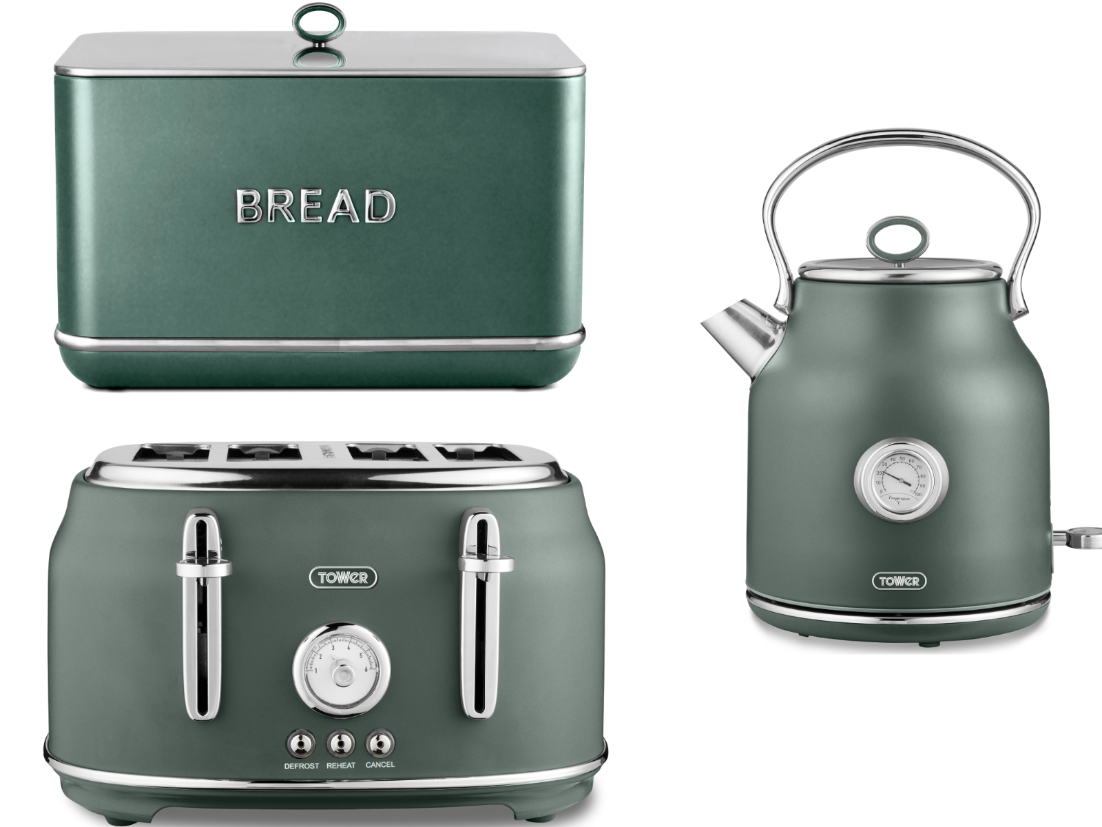 Tower Renaissance Forest Green Kettle Toaster & Bread Bin Kitchen Set