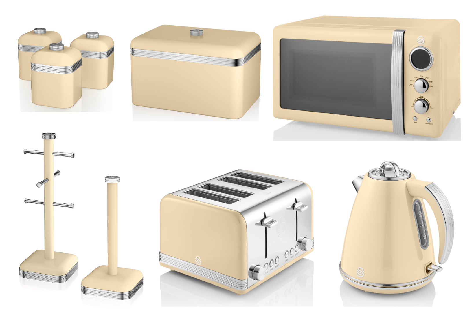 SWAN Retro Cream Kettle Toaster Microwave & Kitchen Storage Set