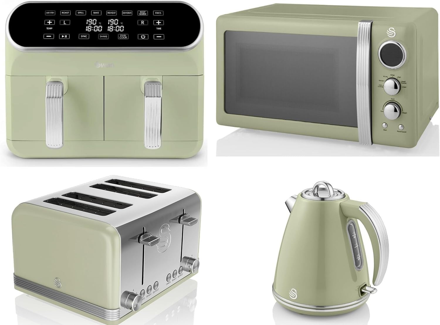 SWAN Retro Green Kettle Toaster Microwave Air Fryer Matching Set