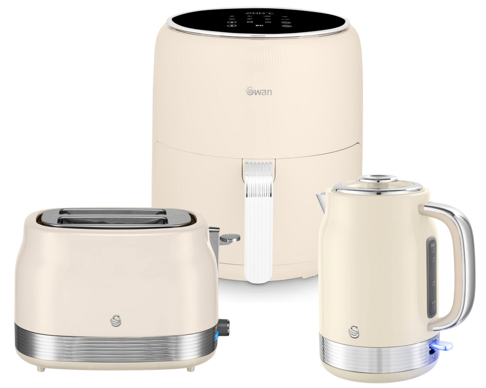 Swan Retro Revive Cream Kettle Toaster & Air Fryer Kitchen Bundle Set