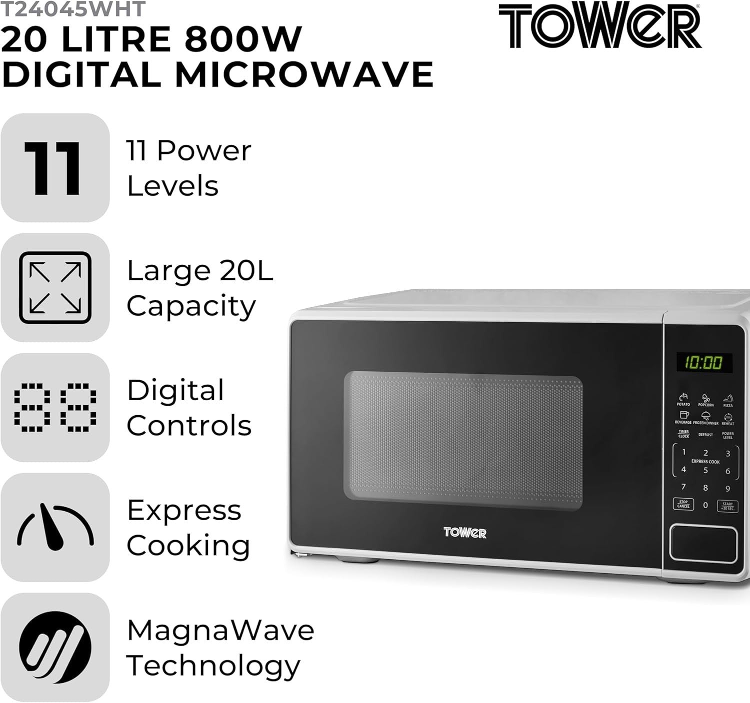 Tower Microwave White 20L 800W Digital 11 Power Levels T24045WHT