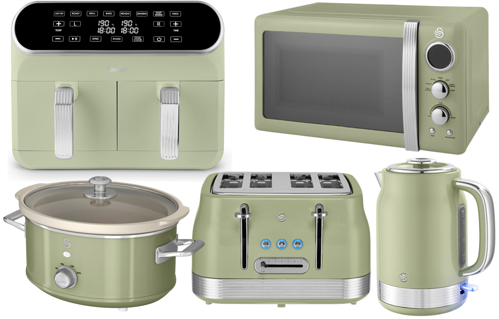 SWAN Retro Green Kettle Toaster Microwave Air Fryer Slow Cooker Set