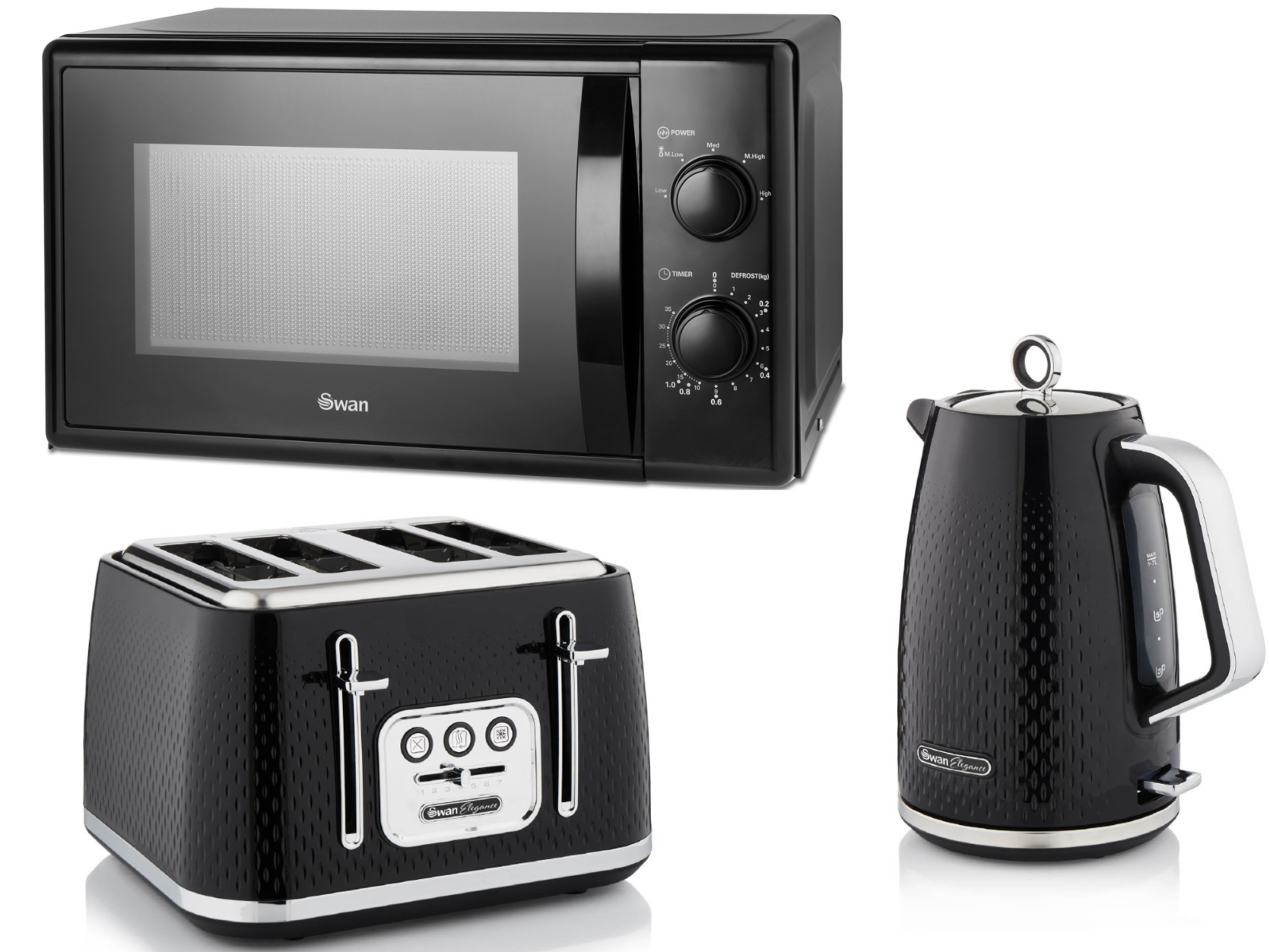 Swan Elegance Black Kettle 4 Slice Toaster & Microwave Matching Set