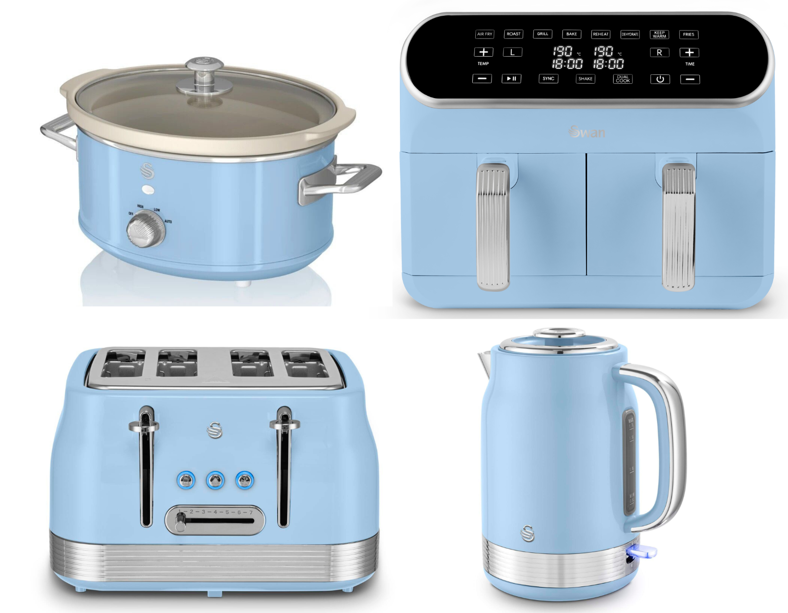 SWAN Retro Blue Kettle Toaster Dual Basket Air Fryer Slow Cooker Set