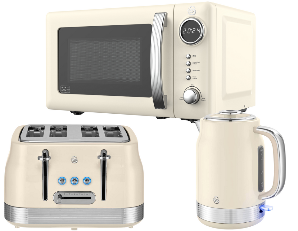 Swan Retro Revive Cream Kettle 4 Slice Toaster Microwave Bundle Set