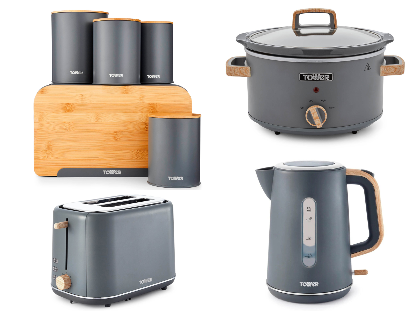 Tower Scandi Grey Kettle Toaster Slow Cooker & 5 Piece Storage Set