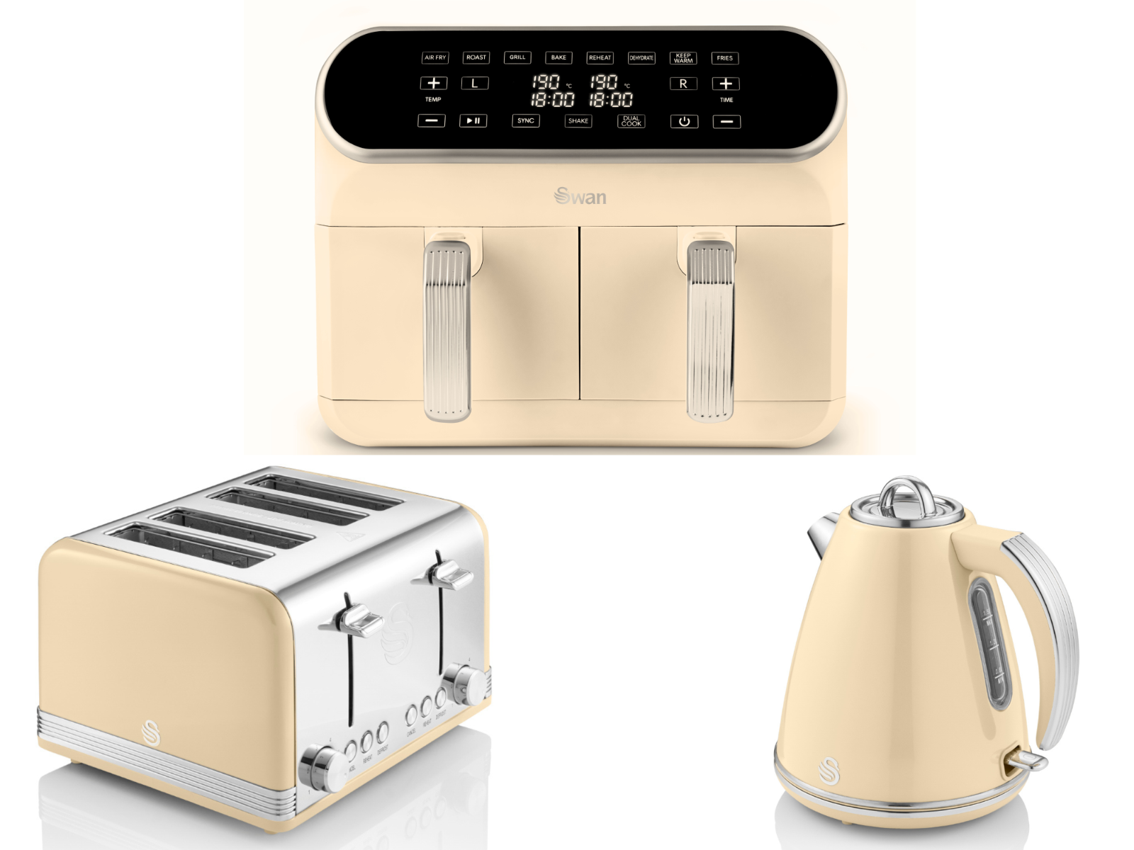 SWAN Retro Cream Kettle 4 Slice Toaster & Dual Basket Air Fryer Set