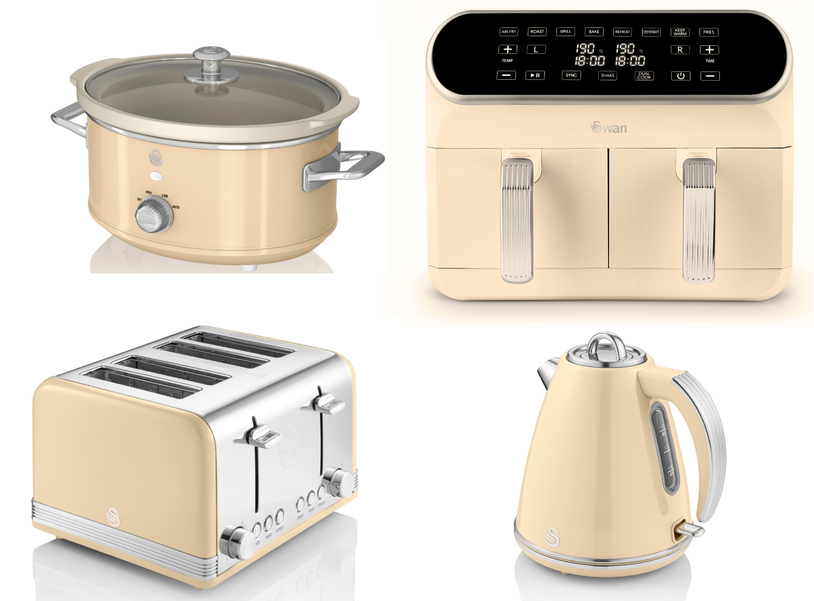 SWAN Retro Cream Kettle Toaster Dual Basket Air Fryer Slow Cooker Set