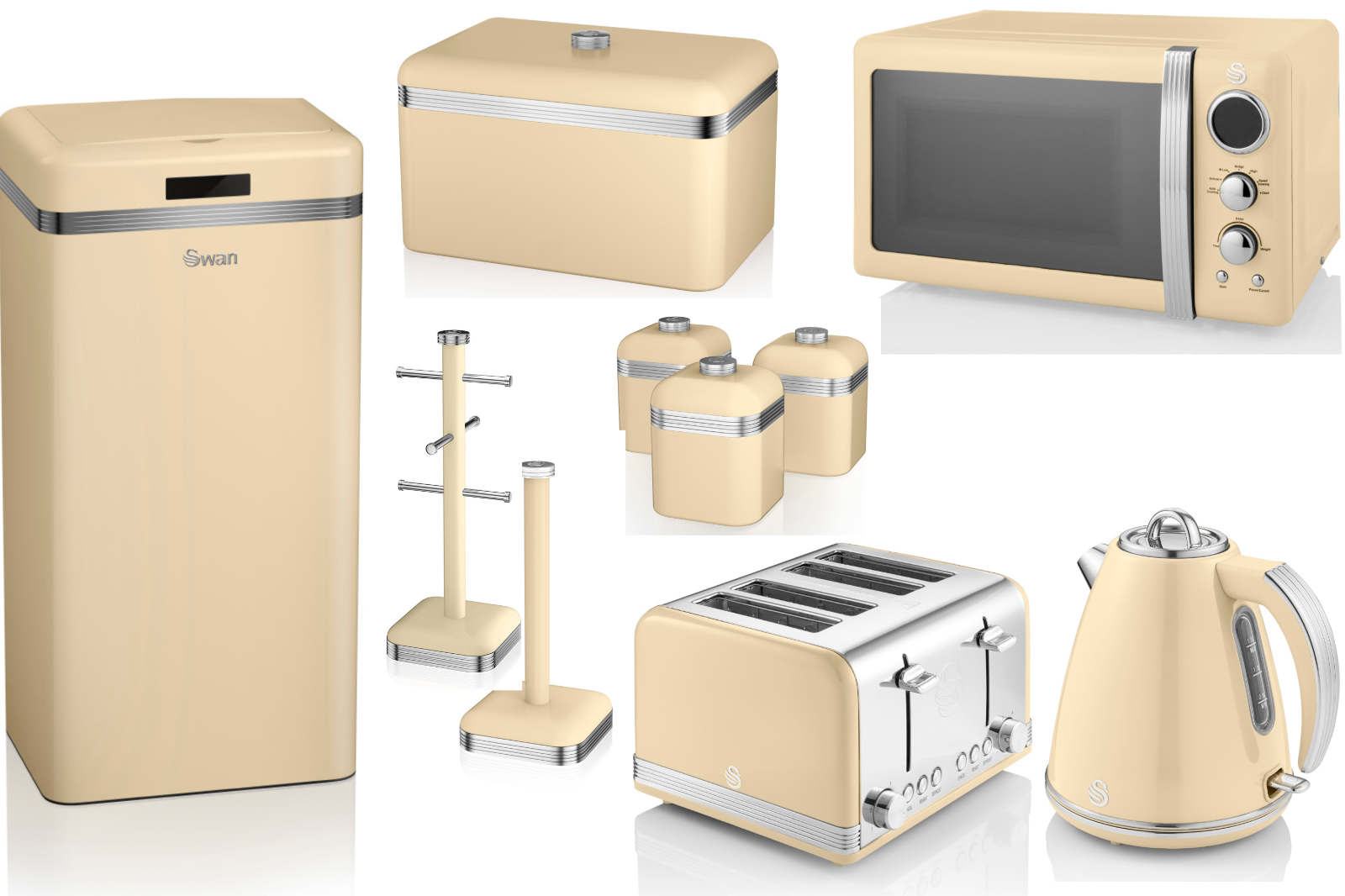 SWAN Retro Cream Kettle Toaster Microwave Sensor Bin & Kitchen Storage