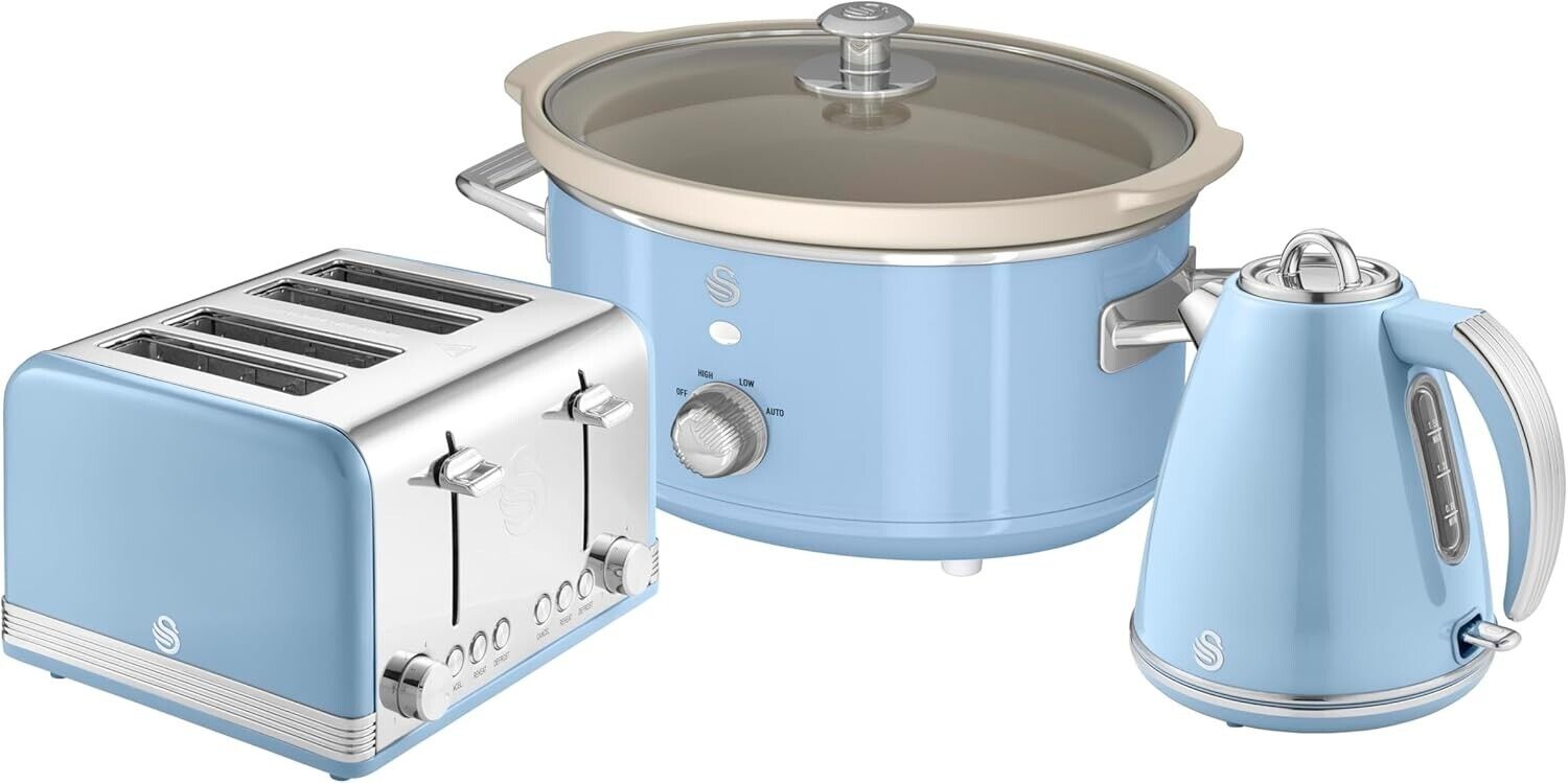 SWAN Retro Blue Kettle 4 Slice Toaster & 3.5L Slow Cooker Set