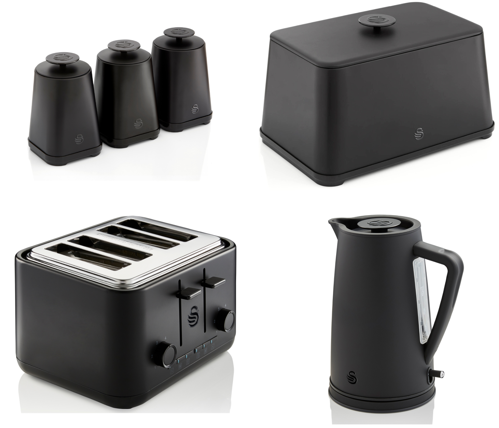 Swan Stealth Black Kettle Toaster Breadbin & Canisters Kitchen Set