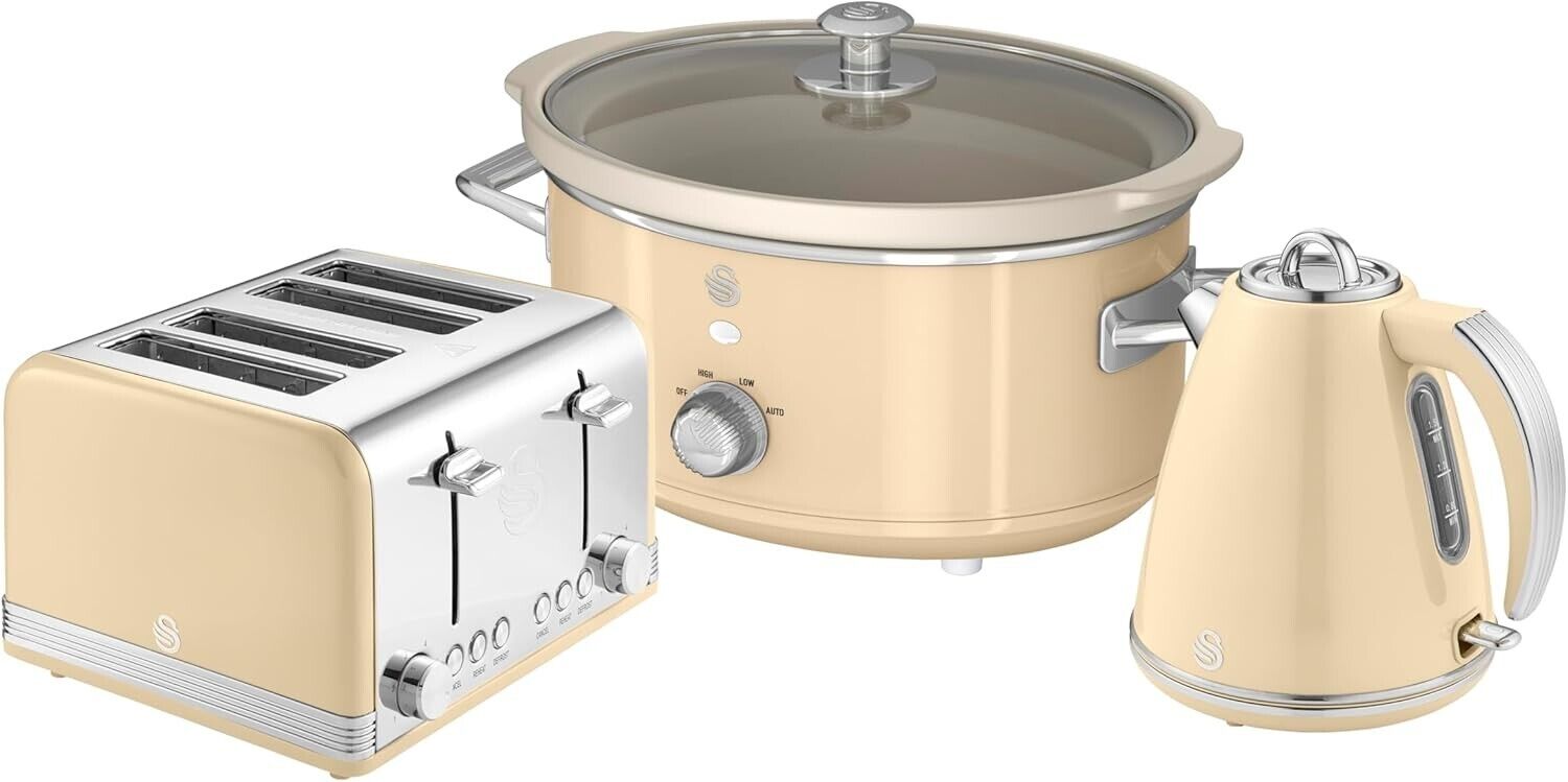 SWAN Retro Cream Kettle 4 Slice Toaster & 3.5L Slow Cooker Set