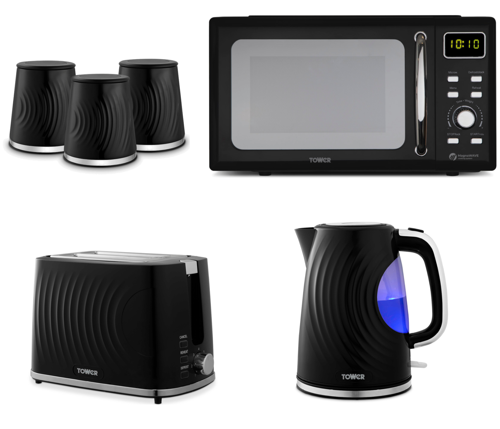 Tower Sonar Black Kettle Toaster Canisters & Digital Microwave Set