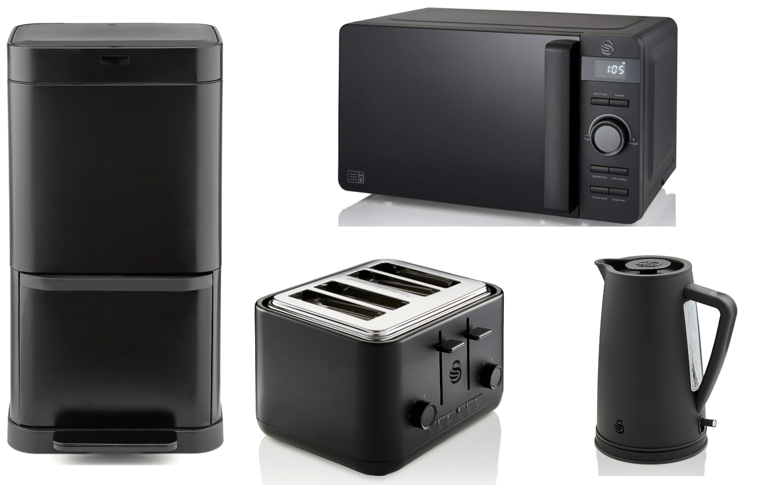 Swan Stealth Black Kettle Toaster Microwave & 70L Sensor Bin Set