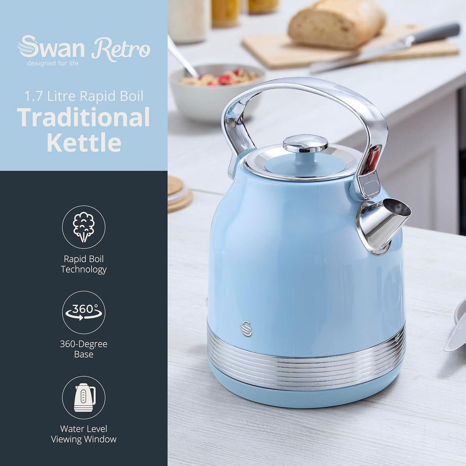 Swan Retro Revive Blue Stovetop Kettle 2 Slice Toaster Canisters Set