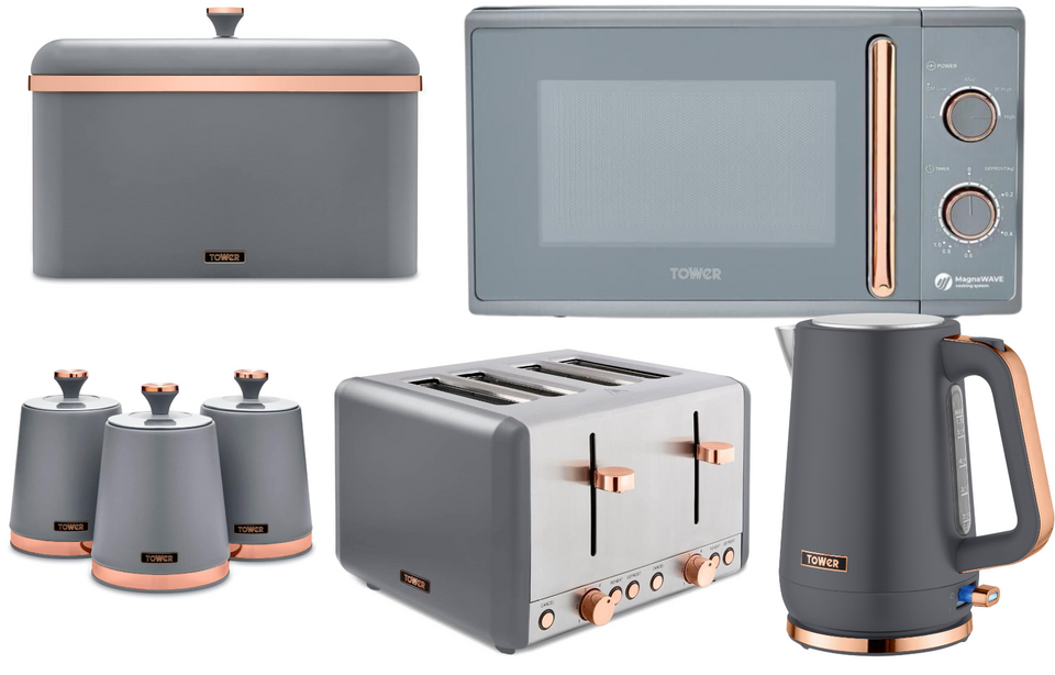Tower Cavaletto Grey Kettle Toaster Microwave Breadbin Canisters Set
