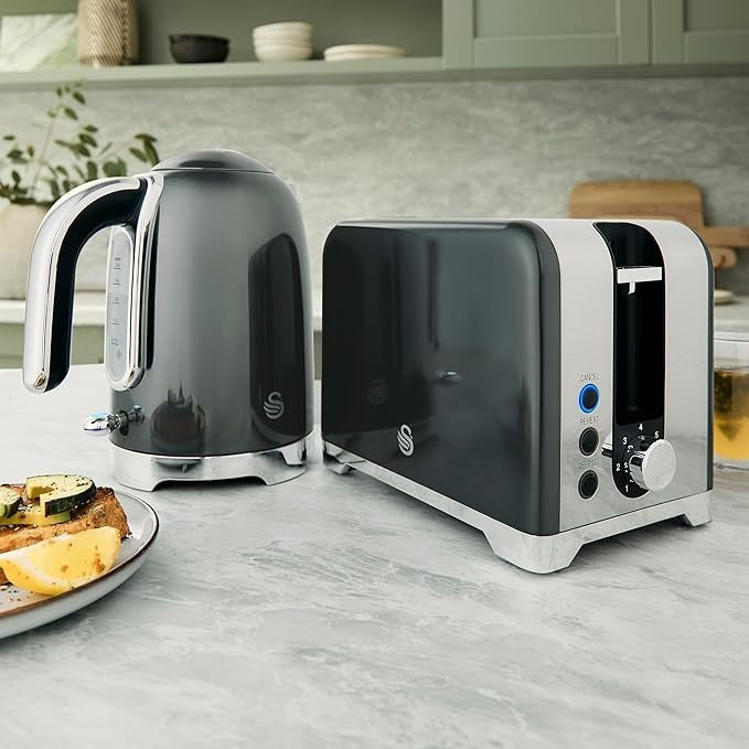 Swan Solace Graphite Kettle & 2 Slice Toaster Gloss Finish Chrome Trim