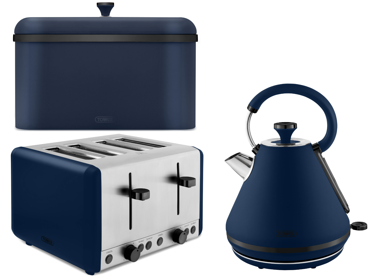 Tower Sera Midnight Blue Pyramid Kettle 4 Slice Toaster Bread Bin Set
