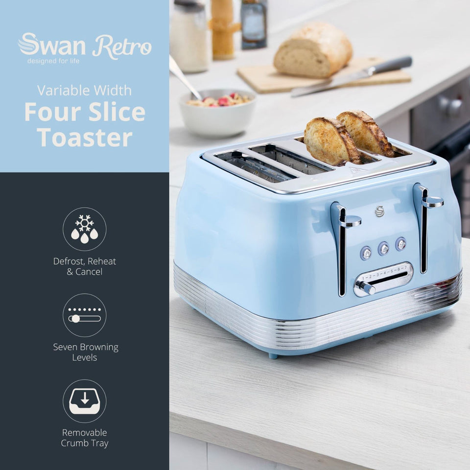 Swan Retro Revive Blue Kettle 4 Slice Toaster Microwave Kitchen Bundle