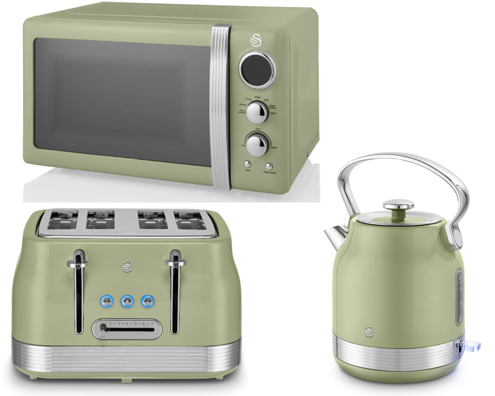 Swan Retro Revive Green Stovetop Kettle 4 Slice Toaster Microwave Set