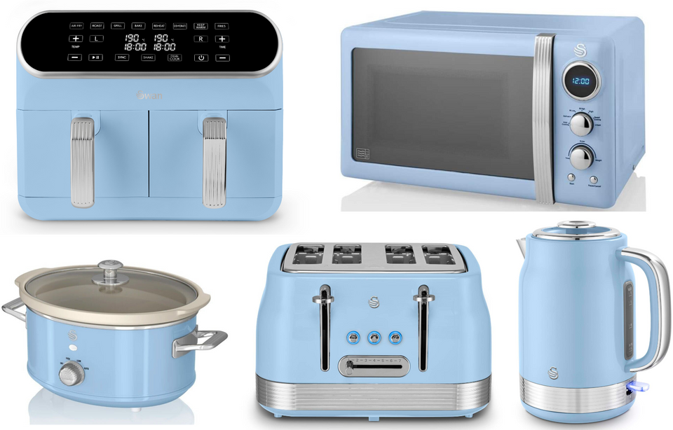 SWAN Retro Blue Kettle Toaster Microwave Air Fryer Slow Cooker Set
