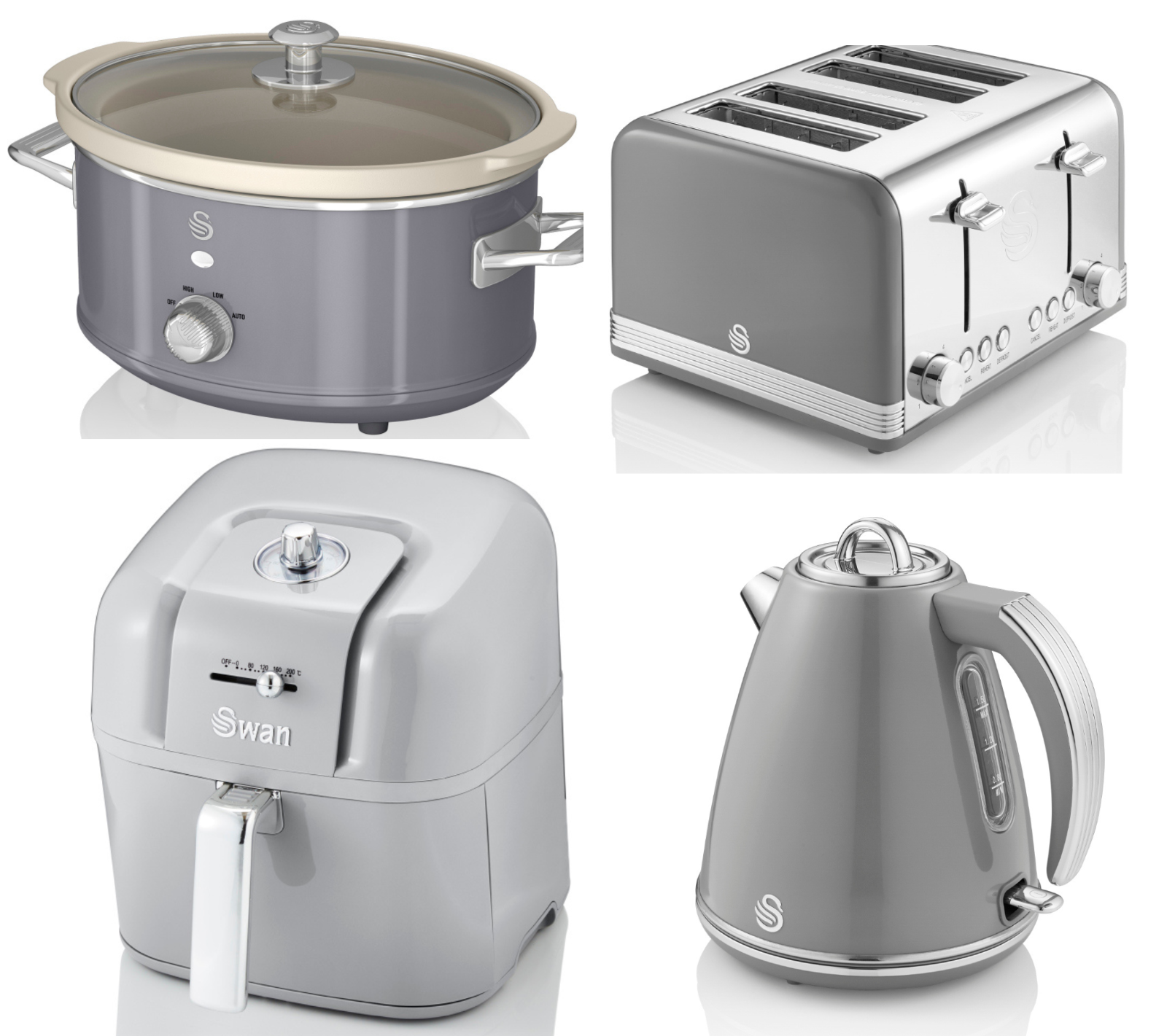 Swan Retro Grey Jug Kettle Toaster Air Fryer & Slow Cooker Kitchen Set