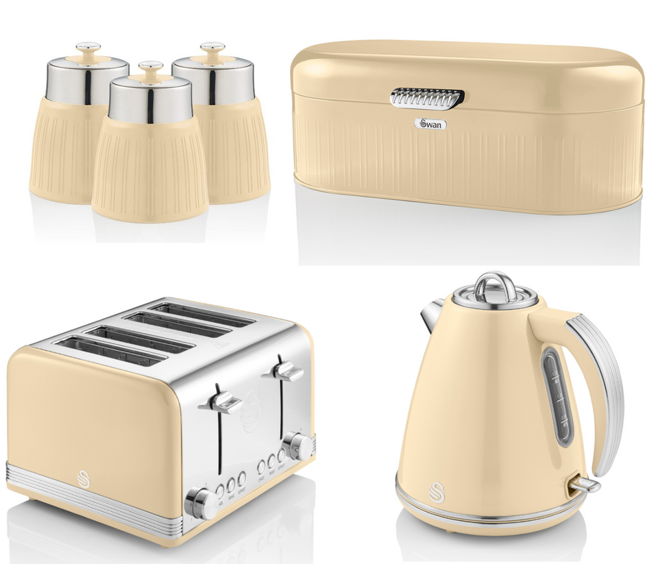 Swan Retro Cream Jug Kettle 4 Slice Toaster Bread Bin Canisters Set