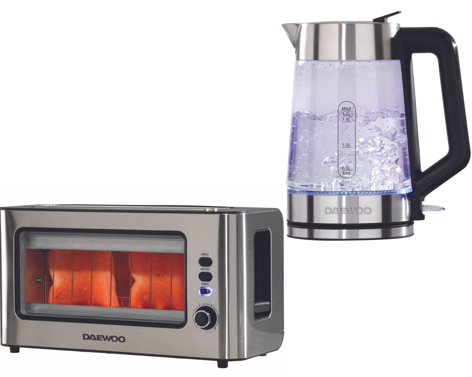 Daewoo Easy Fill Illuminating Glass Kettle & 2 Slice Glass Toaster Set