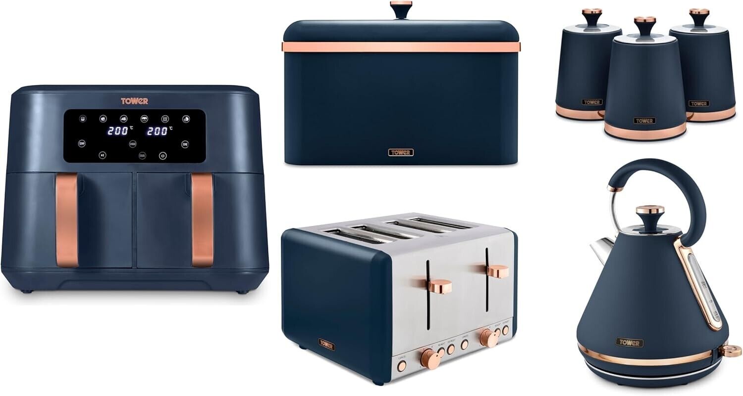 Tower Cavaletto Blue Kettle Toaster Air Fryer Bread Bin Canisters Set