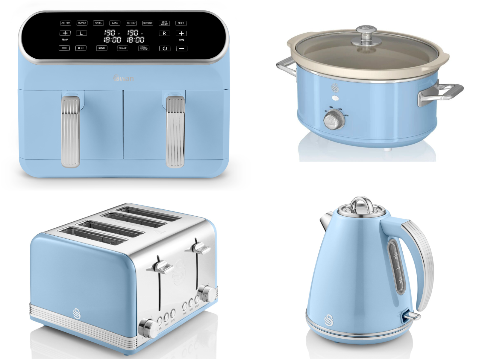 Swan Retro Blue Kettle Toaster Dual Basket Air Fryer & Slow Cooker Set